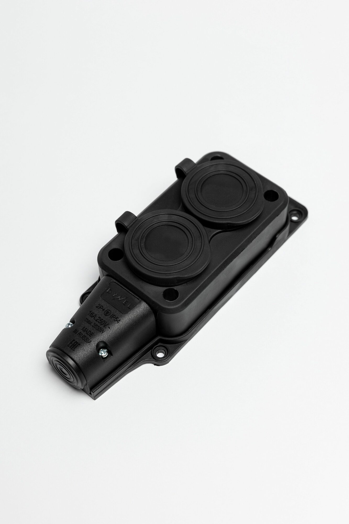 Колодка для удлинителя каучуковая двухместная с крышкой IP54,16A, 230B, Черная DYNEL
