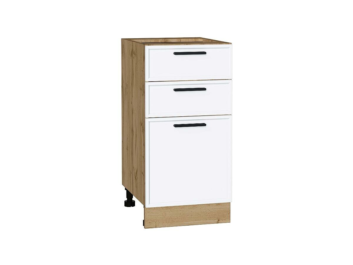 Шкаф нижний с 3-мя ящиками Фрейм, цвет фасада White Silk, цвет каркаса Дуб Вотан, 816*400*484 мм