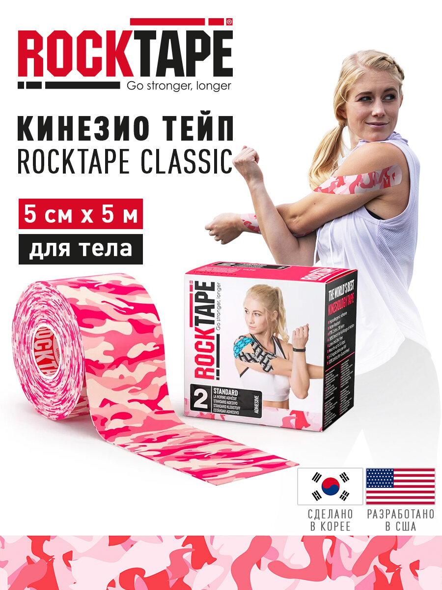 Кинезиотейп Rocktape Classic, размер 5 см х 5 м, Розовый камуфляж