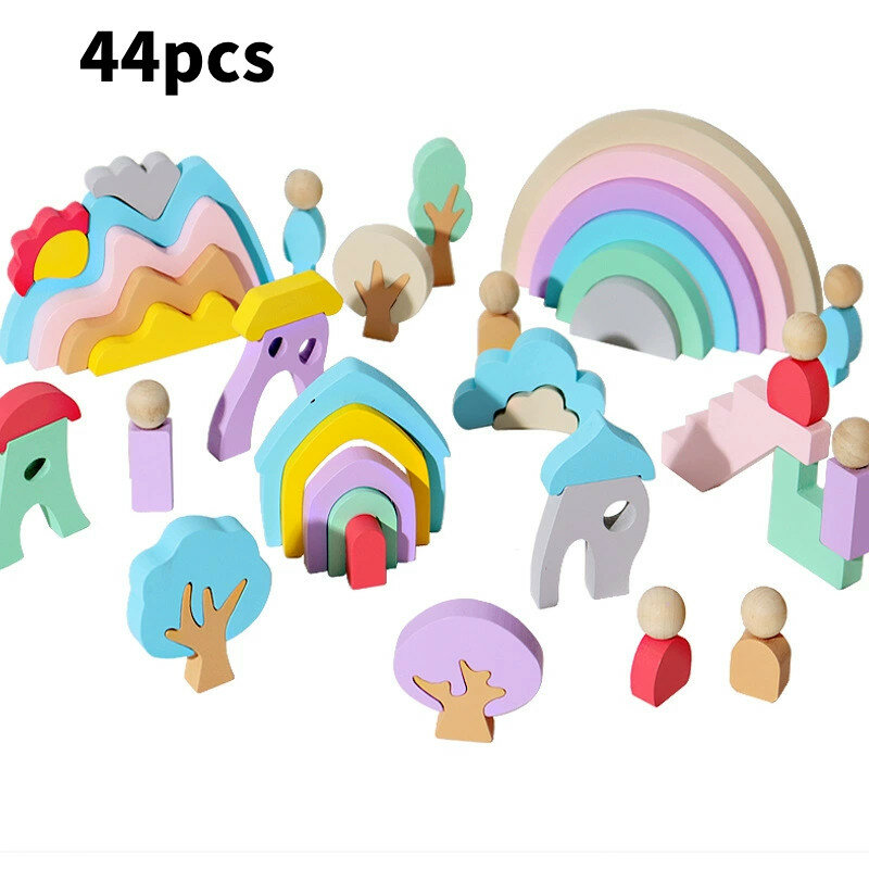 Деревянные мдф радужные строительные блоки с когнитивными домино для развития и обучения детей