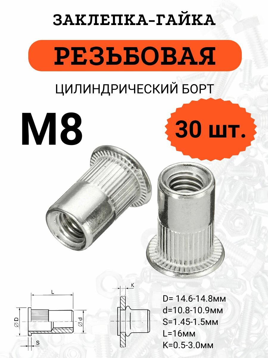 Заклепка резьбовая (Заклепка-гайка) М8 с цилиндрическим бортиком, цинк, 30 шт.