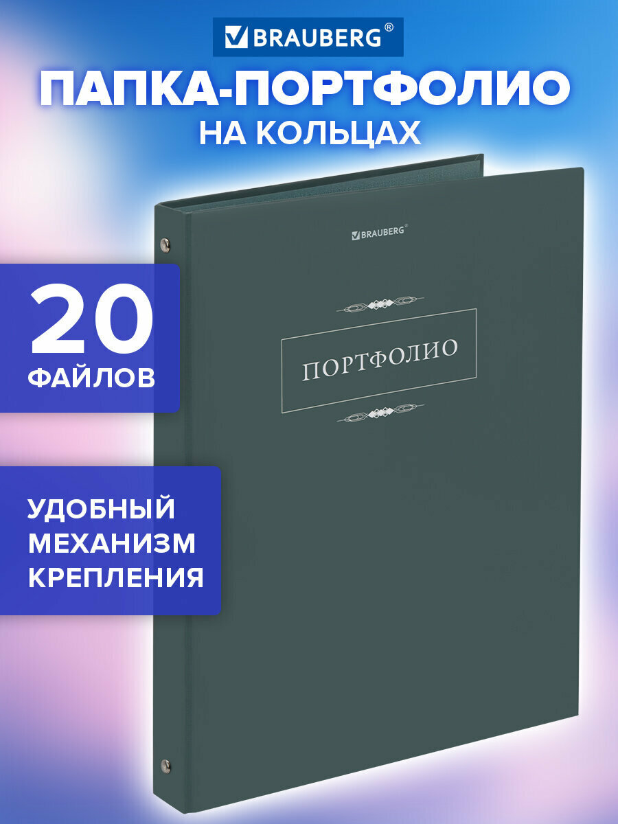 Портфолио школьника, папка А4 на кольцах 7БЦ матовая, 20 файлов, для девочек и мальчиков, Brauberg Classic, 117554