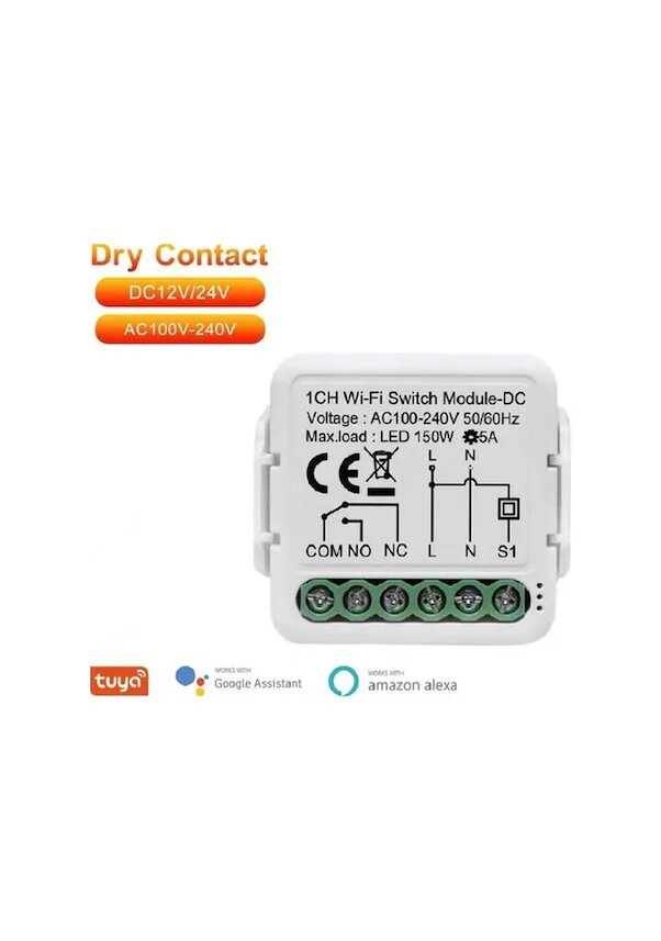 Умное реле Wi-Fi, совместимое с Tuya, с поддержкой Google Home, переключением на 12/24 В постоянного тока и 100-240 В переменного тока.