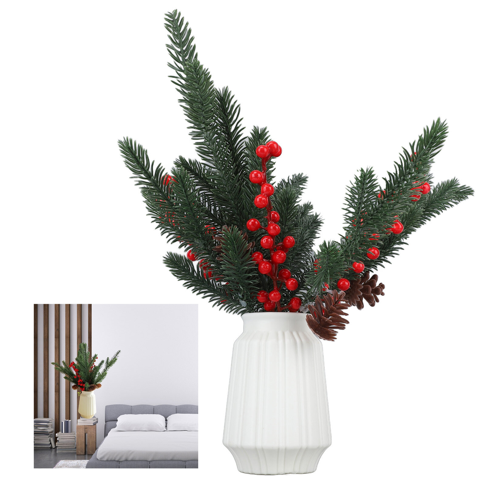 Сосновые ветки, красные ягодные стебли, рождественские искусственные веточки, украшение для рабочего стола на праздник