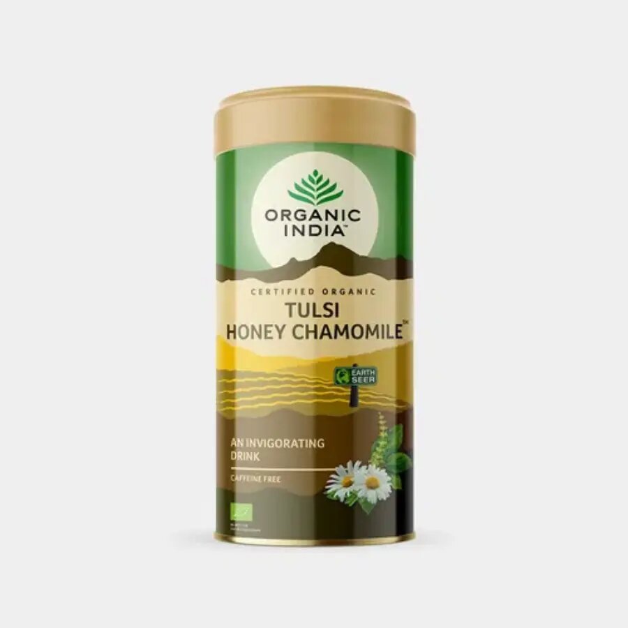 TULSI HONEY CHAMOMILE An Invigorating Drink, Organic India (тулси МЁД ромашка успокаивающий напиток, Органик Индия), банка, 100 г.