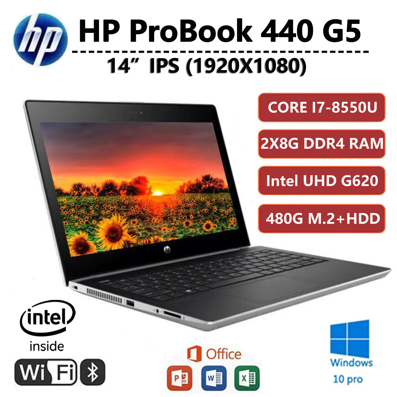 Подержанный ноутбук 14 " HP Probook 440 G5 (CORE I7-8550U+2X8GB DDR4 2400 RAM+480G M.2 NVME SSD+500G HDD+Intel UHD 620 Видеокарта+1920X1080 IPS 4K) Win 10 pro