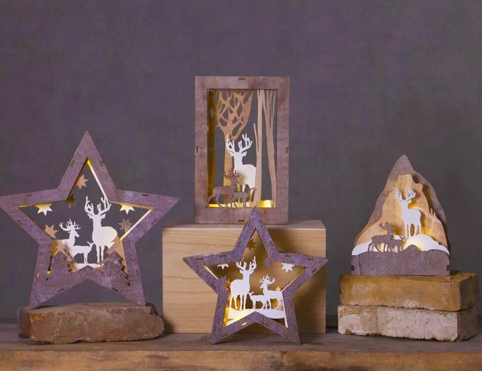 Светящаяся декорация "Олений уголок", дерево, 10 тёплых белых LED-огней, батарейки, 18х21х6 см, STAR trading