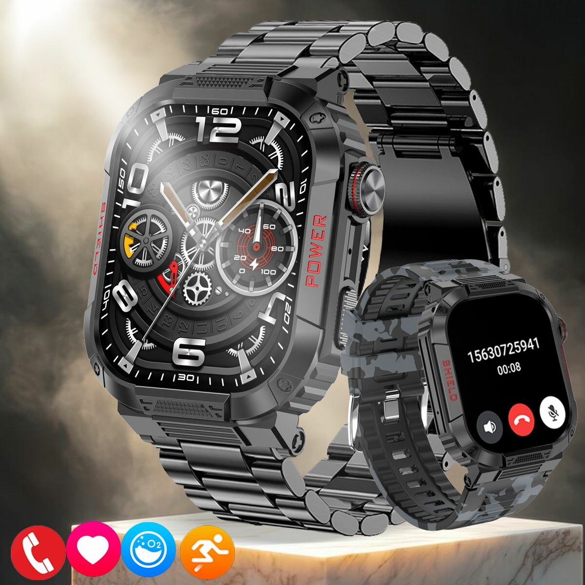 Военные смарт часы для мужчин ответ / сделать вызов для Android iOS, Большой экран 2,02 дюйма HD, фитнес трекер