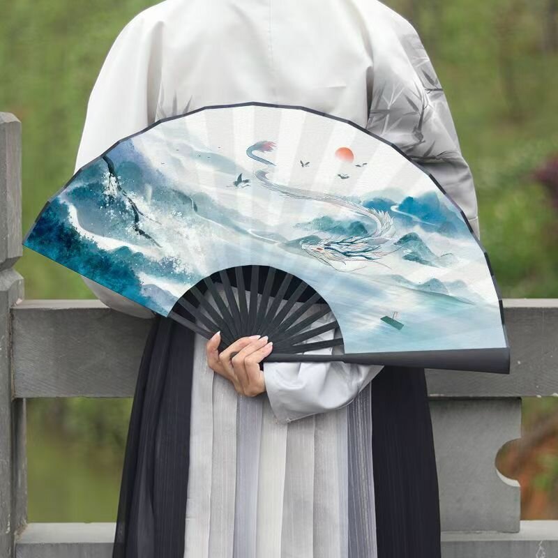 Складной веер с изображением китайского дракона, шелковая ткань, двусторонняя печать, большой размер