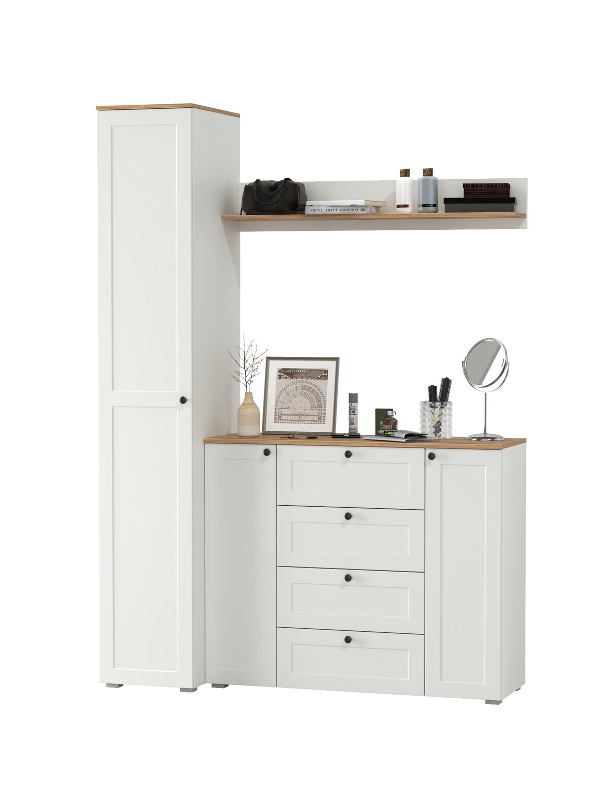 Шкаф-пенал с полками и вешалкой с комодом и полкой Остин, белый шагрень/дуб золотой, 160х54,3х229,6 см.