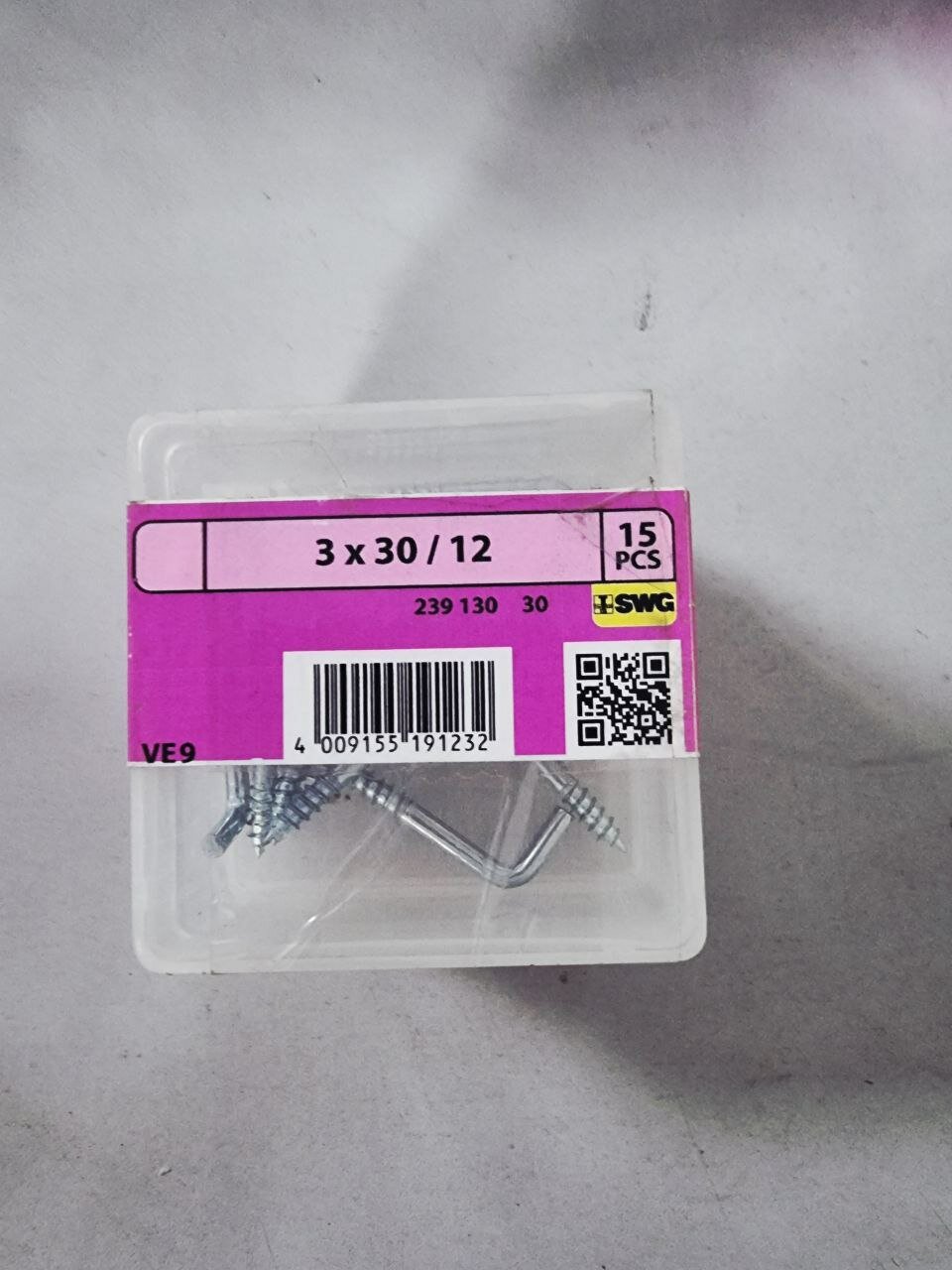 Шуруп крюк-костыль крепежный 3*30/12 (15шт-1упк*2 упк) SWG, Германия