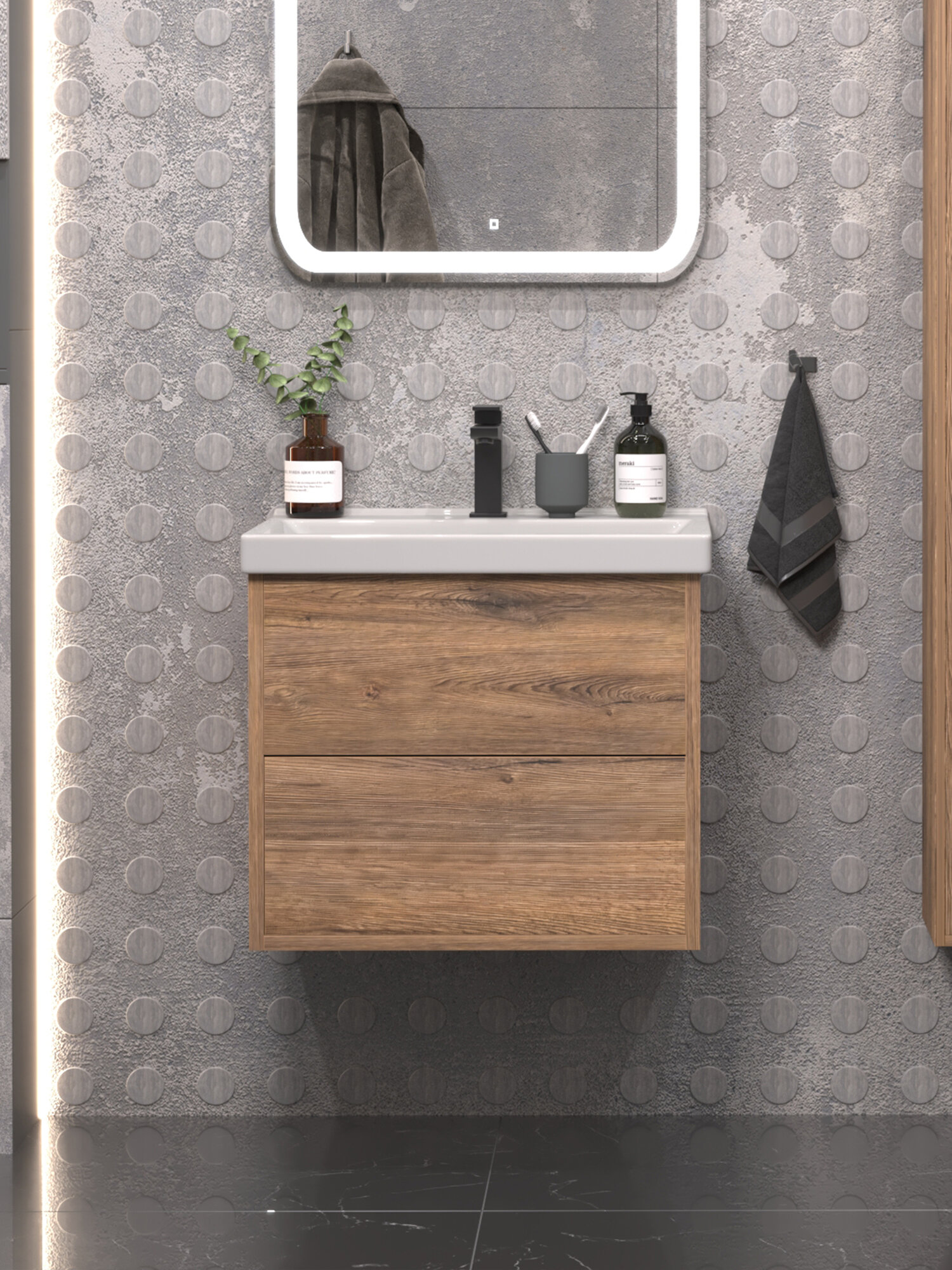 Тумба подвесная без раковины Vannika Rinni 60 для ванной комнаты, дуб веллингтон табак