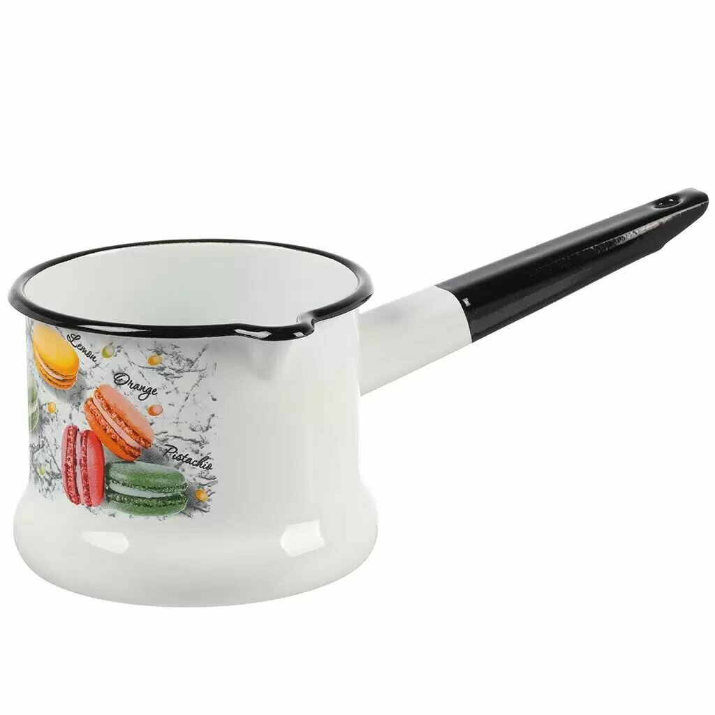 Ковш Керченский Металлургический Завод эмалированный 1 л со стальной ручкой, подходит для индукции, модель "Цветное печенье", белый