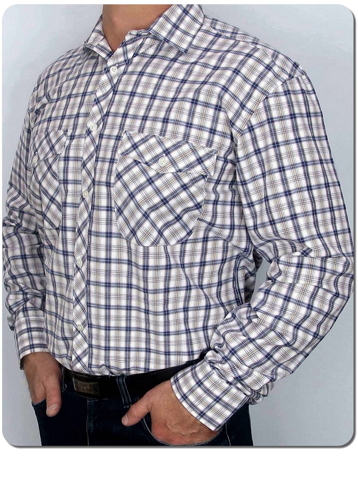 Рубашка Мужская рубашка с длинным рукавом прямая классическая, светлая сорочка на пуговицах, рубаха на любой сезон, бежевая клетка, с двумя карманами и клапанами, на любой сезон и на лето рубашка