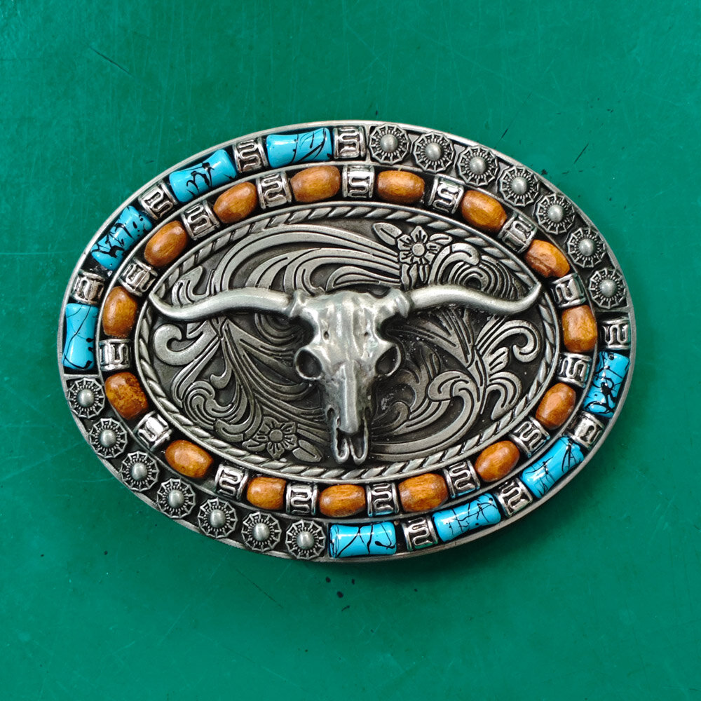 Пряжка декоративная для ремня с бирюзовая голова быка бляха на ремень мужской 40мм