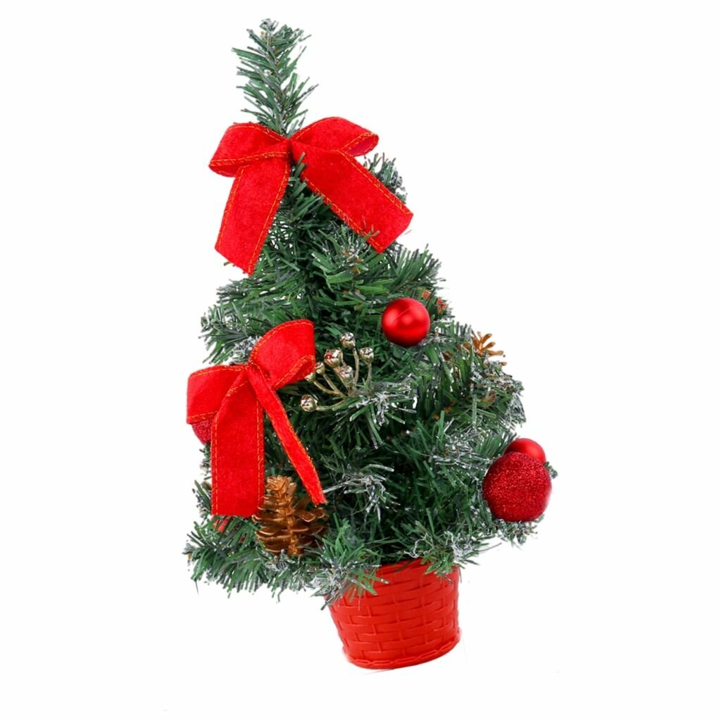 Украшение рабочего стола рождественской елкой в горшке-красный