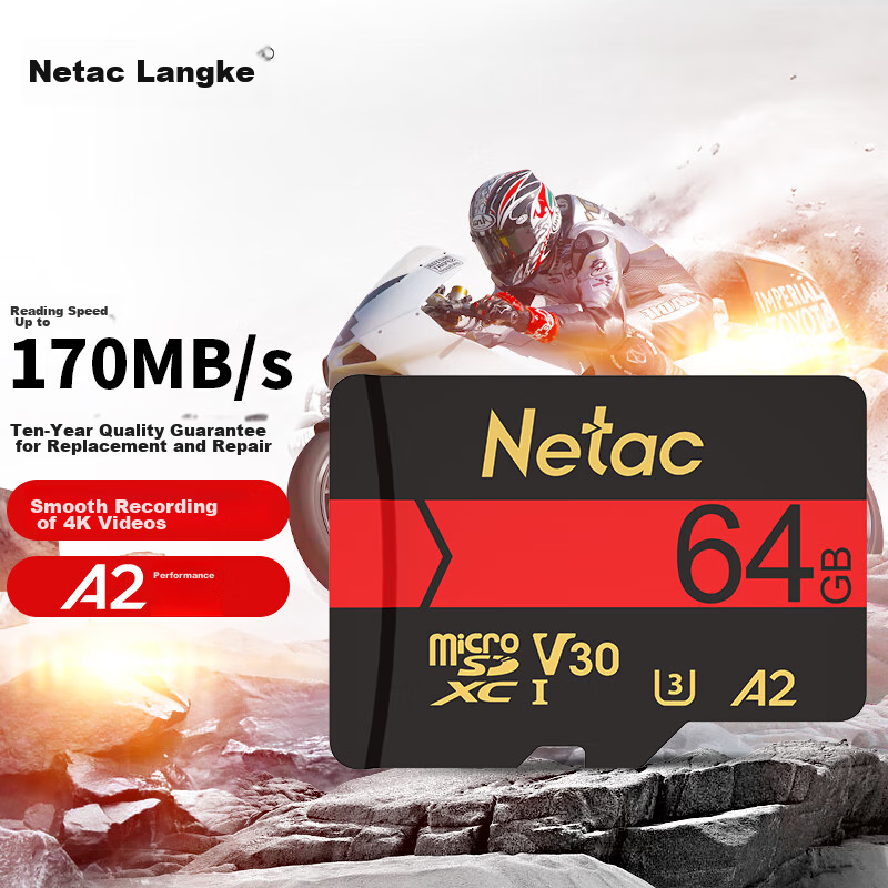 Netac 64GB TF (MicroSD) Memory Card, U3 C10 A2 V30 4K Ultra-High Speed Version, Read Speed 170MB/s, Write Speed 100MB/s