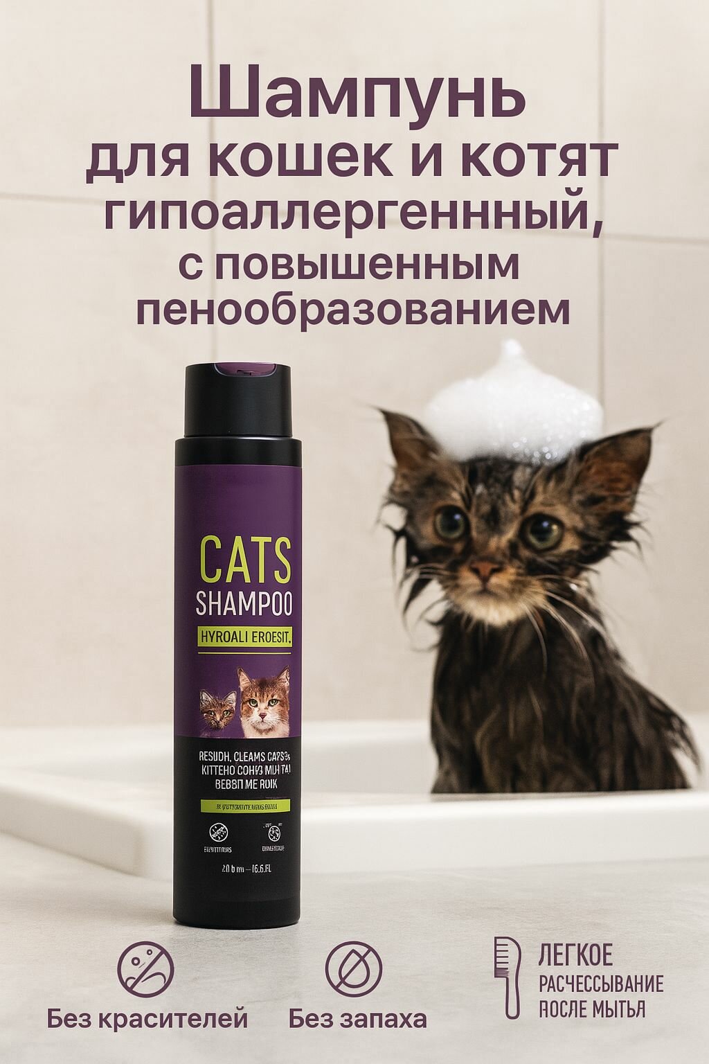 PUR FUR Шампунь для кошек и котят гипоаллергенный, с повышенным пенообразованием, 400 мл
