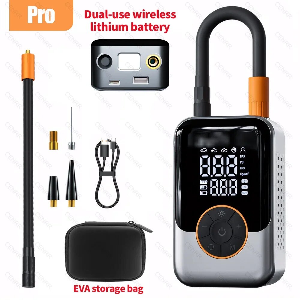 Портативный воздушный компрессор, автомобильный беспроводной воздушный насос, электрический воздушный инжектор, ЖК-дисплей, накачка шин для автомобиля, велосипеда, мотоцикла, шарик для шин Pro Bag