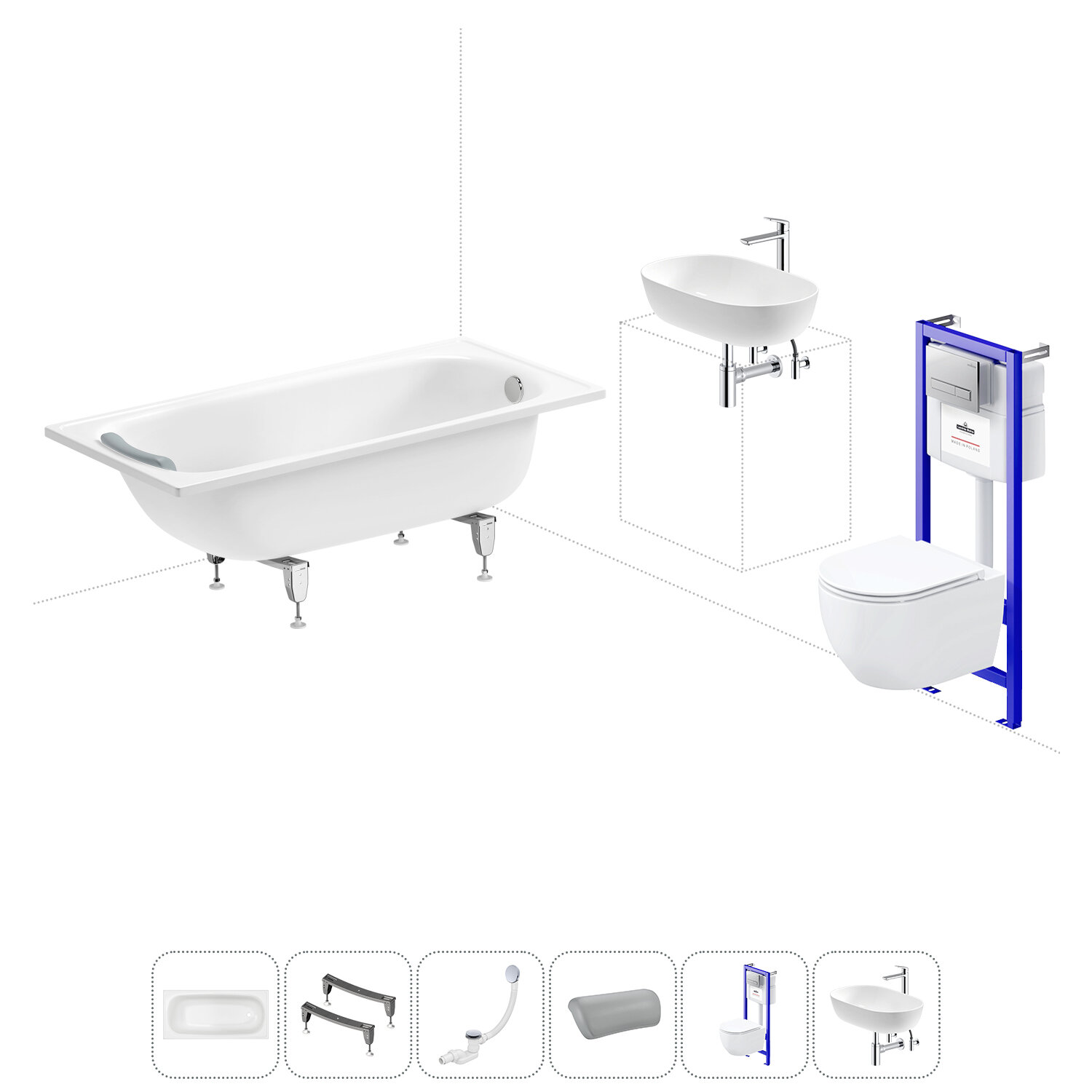 Стальная ванна 150х70 Sanitana BLB Europa 20220793R в наборе 6 в 1: металлическая ванна 150 х 70 см, ножки, слив-перелив, подголовник, инсталляция с унитазом, раковина с комплектом для подключения