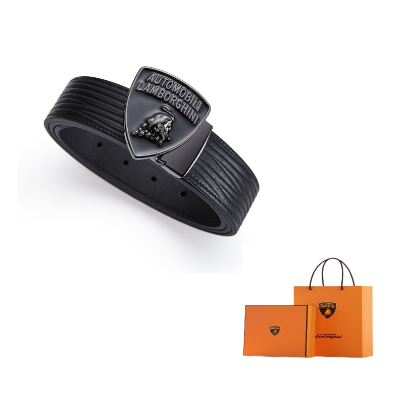 Automobili Lamborghini Cow Leather Belts Men's Black Width 3.4cm 110cm