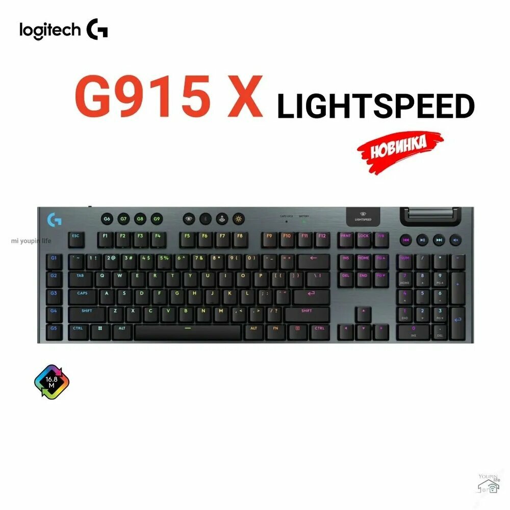 Logitech Игровая клавиатура беспроводная G915 X LIGHTSPEED LIGHTSYNC RGB KEYCONTROL GL Linear, (GL Linear), Английская раскладка, черный