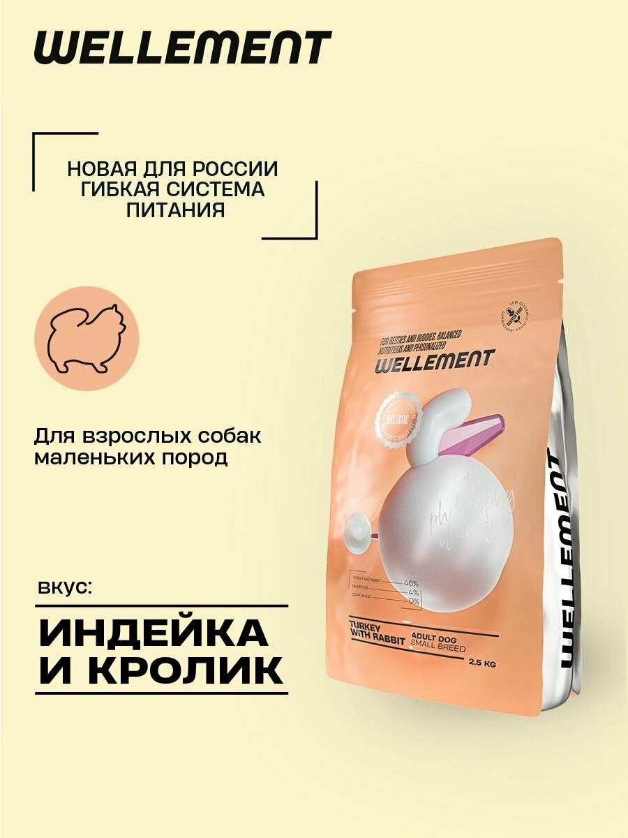 Низкозерновой сухой корм холистик Wellement для собак маленьких пород с индейкой и кроликом, 2,5 кг