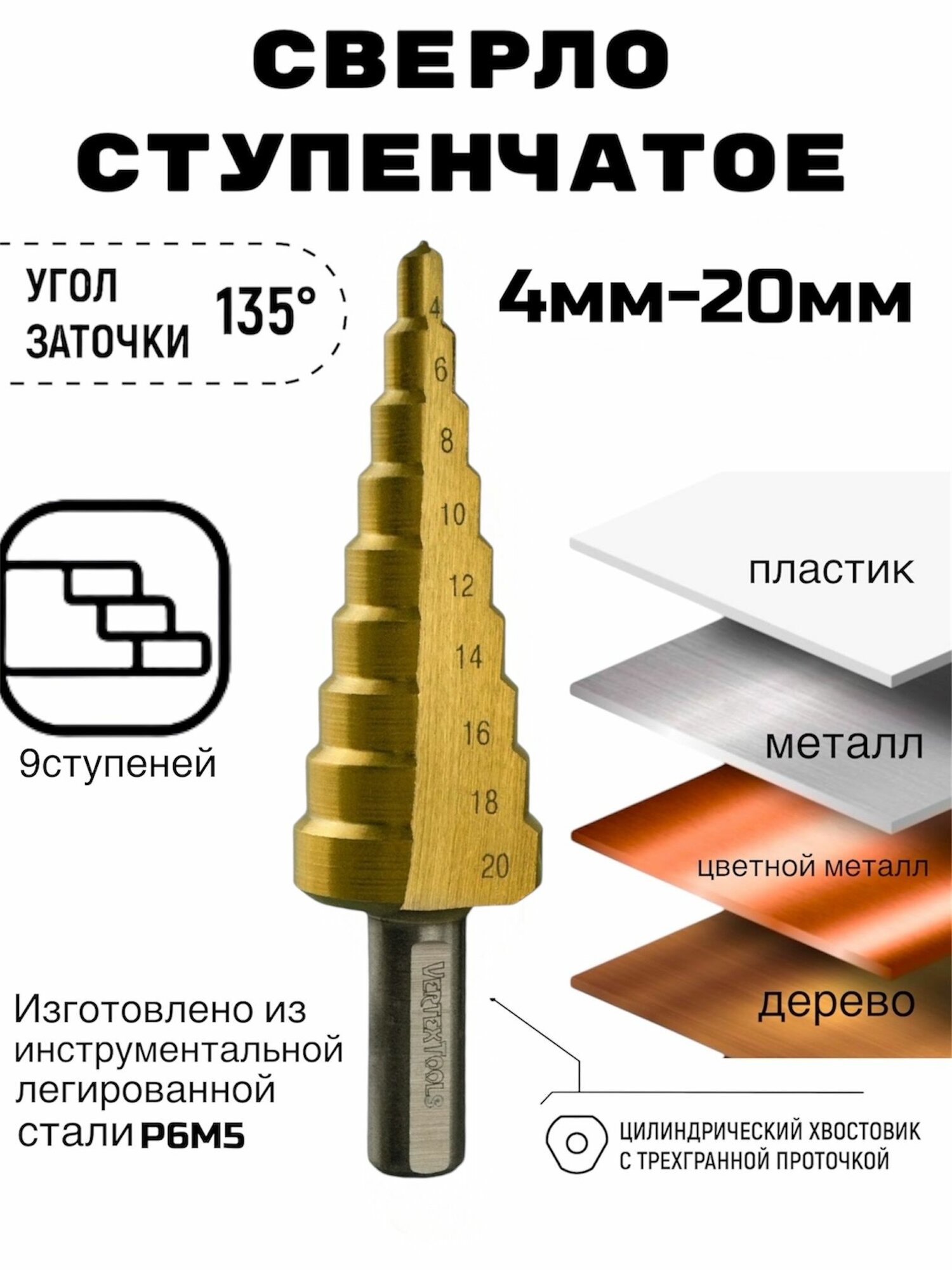 Сверло ступенчатое конусное по металлу 4-20мм Р6М5 трехгранный хвостовик