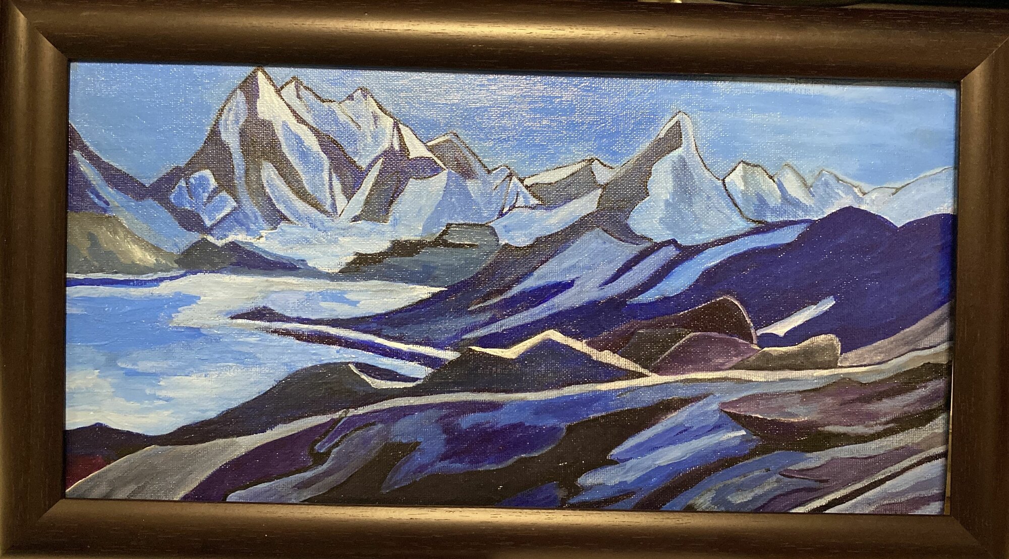 Картина в раме. Ночь в горах. По мотивам Рериха. 20/40. Холст. Темпера. Художник Миляева НН.