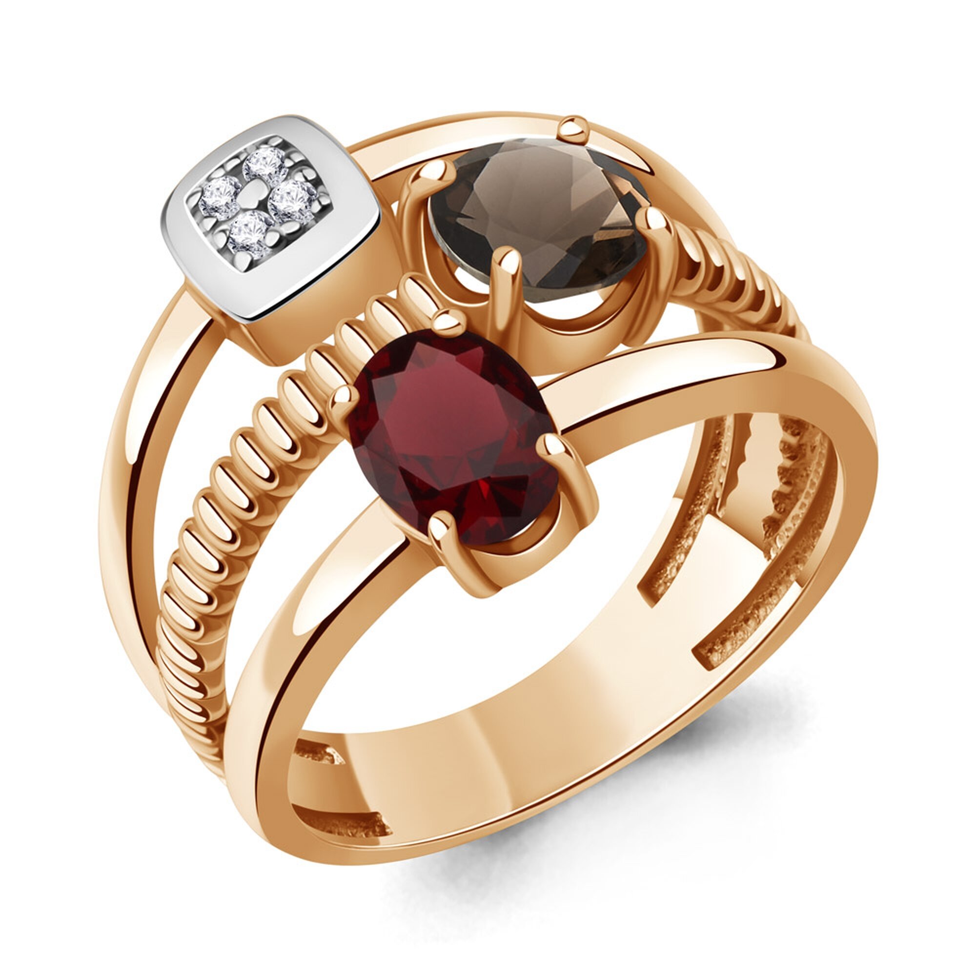 Кольцо, серебро, 925 проба, золочение, кварц, фианит, гранат