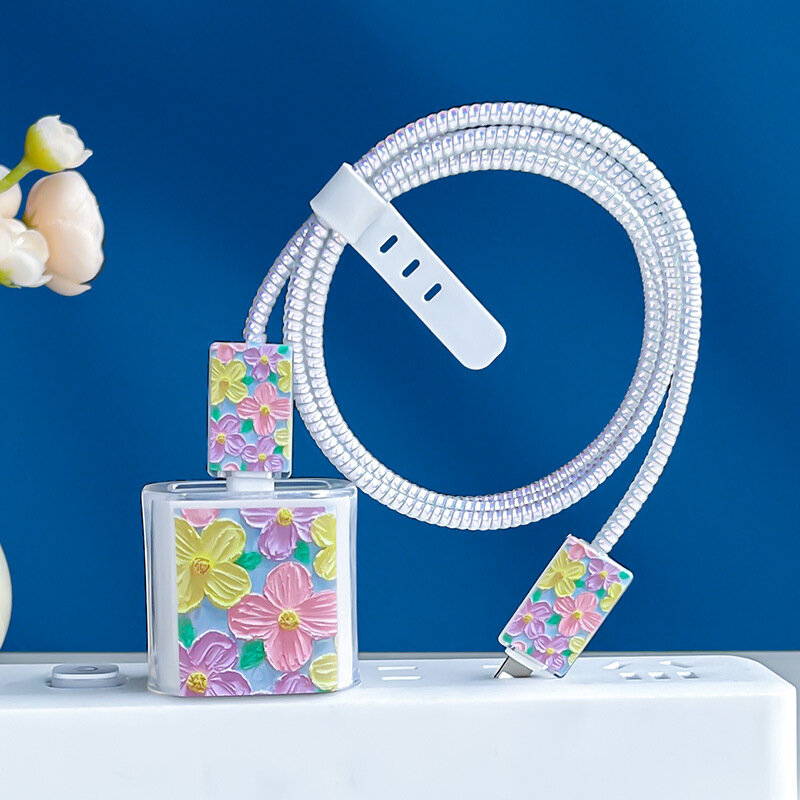 Защитный чехол для зарядного устройства, для Apple, 20Вт, прозрачный, с цветами, написанными маслом