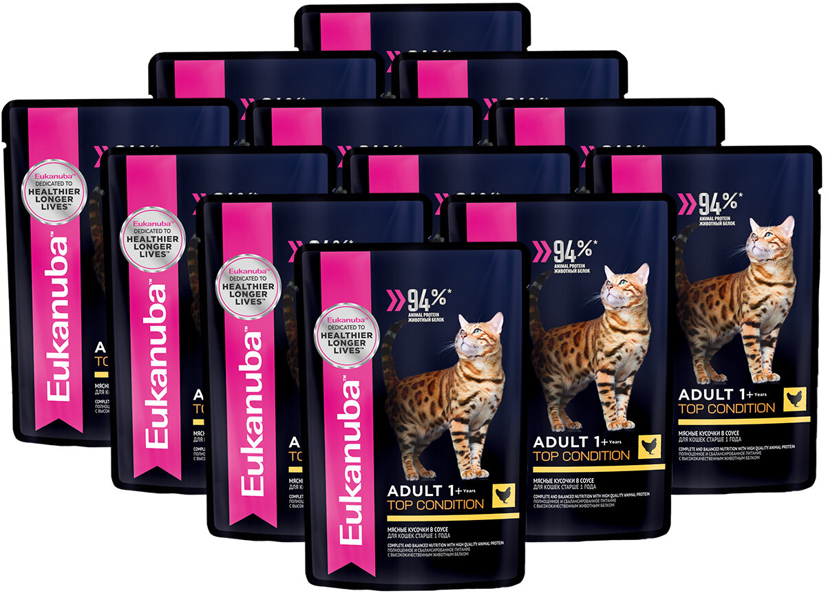 Влажный корм Eukanuba Cat Adult для взрослых кошек с курицей в соусе пауч, 85 г 12 шт