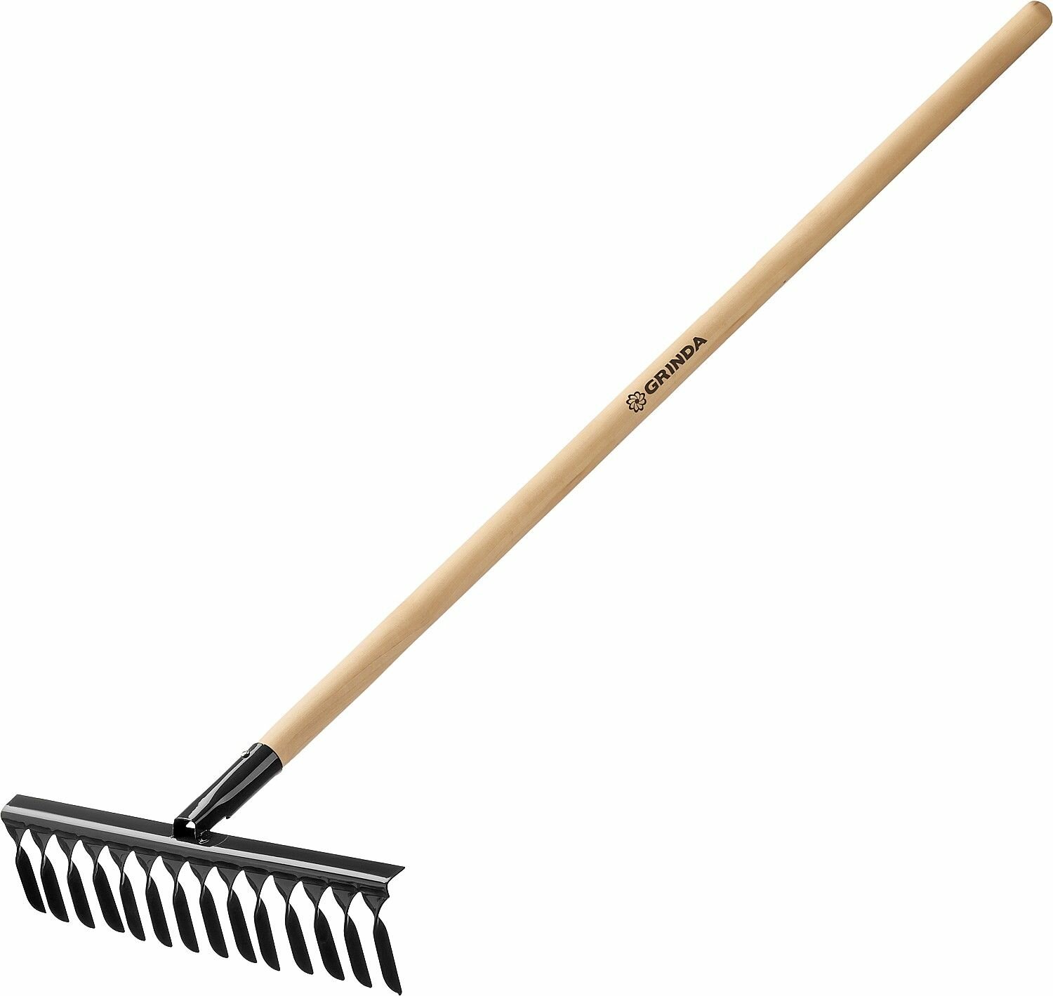 Грабли садовые Grinda GS-14 WOOD, 445х95х1300 мм, 14 витых зубцов, углеродистая сталь, антикоррозийное покрытие, черенок деревянный высший сорт