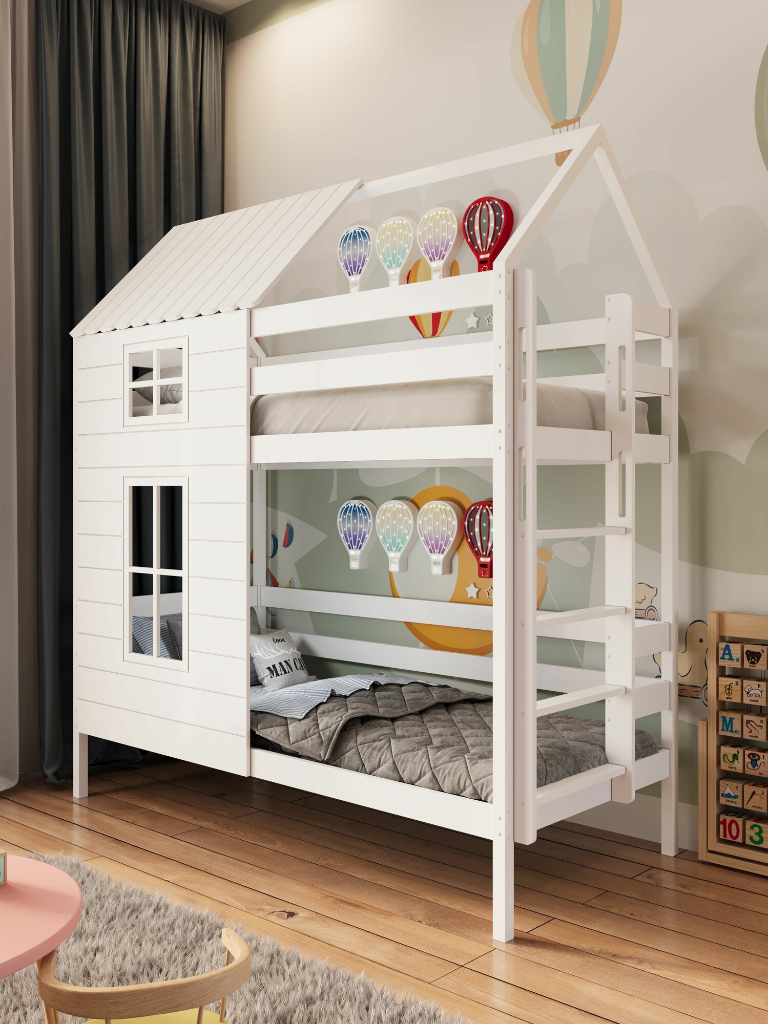 Кровать двухъярусная Домик с двумя окнами 180х90 из березы, лестница с торца