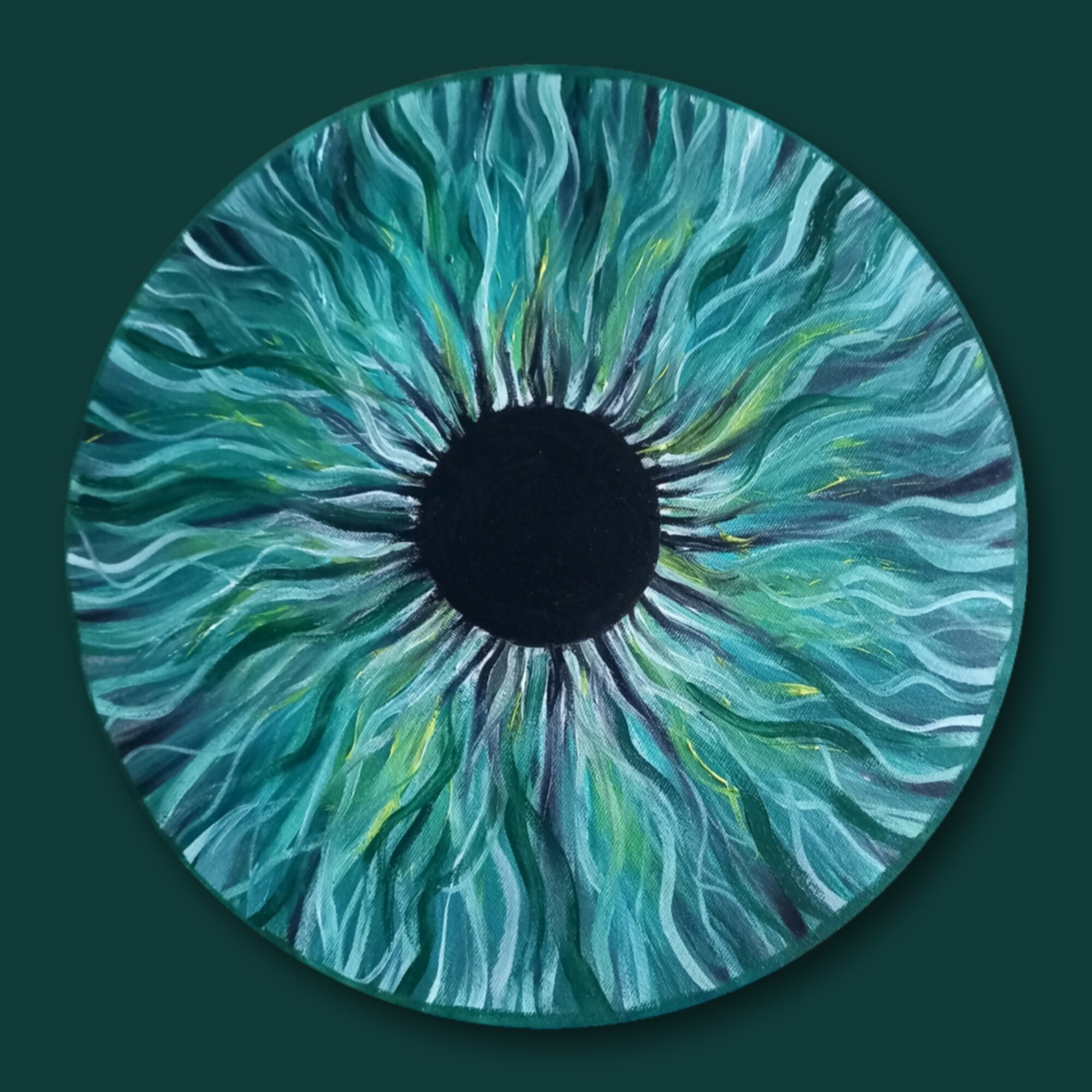 Круглая авторская картина " Космос внутри желто-зелёных глаз", зелёная картина маслом, ручной работы