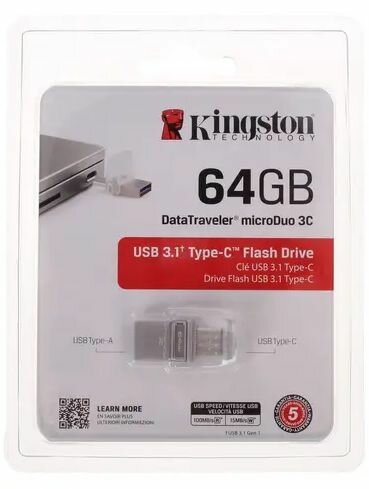 Память OTG USB Flash 64 ГБ Kingston DataTraveler MicroDuo 3C (DTDUO3C/64GB) - USB 3.2 Gen1, до 100 Мбайт/сек, поворотный (флип), металл, пластик