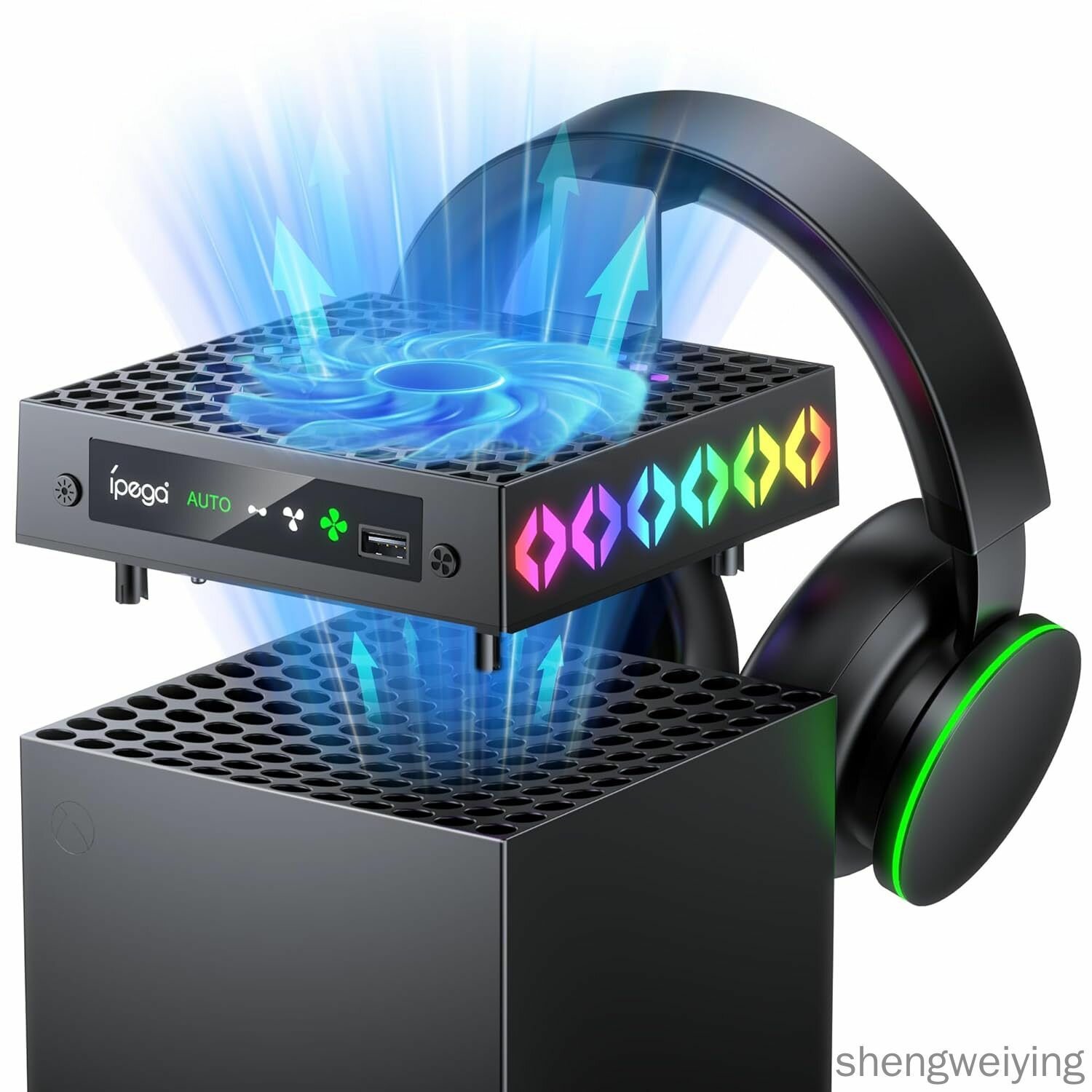 RGB охлаждающий вентилятор для Xbox Series X с авто-режимом охлаждения, 9 RGB-подсветок, держатель для наушников, USB-порт, низкий шум