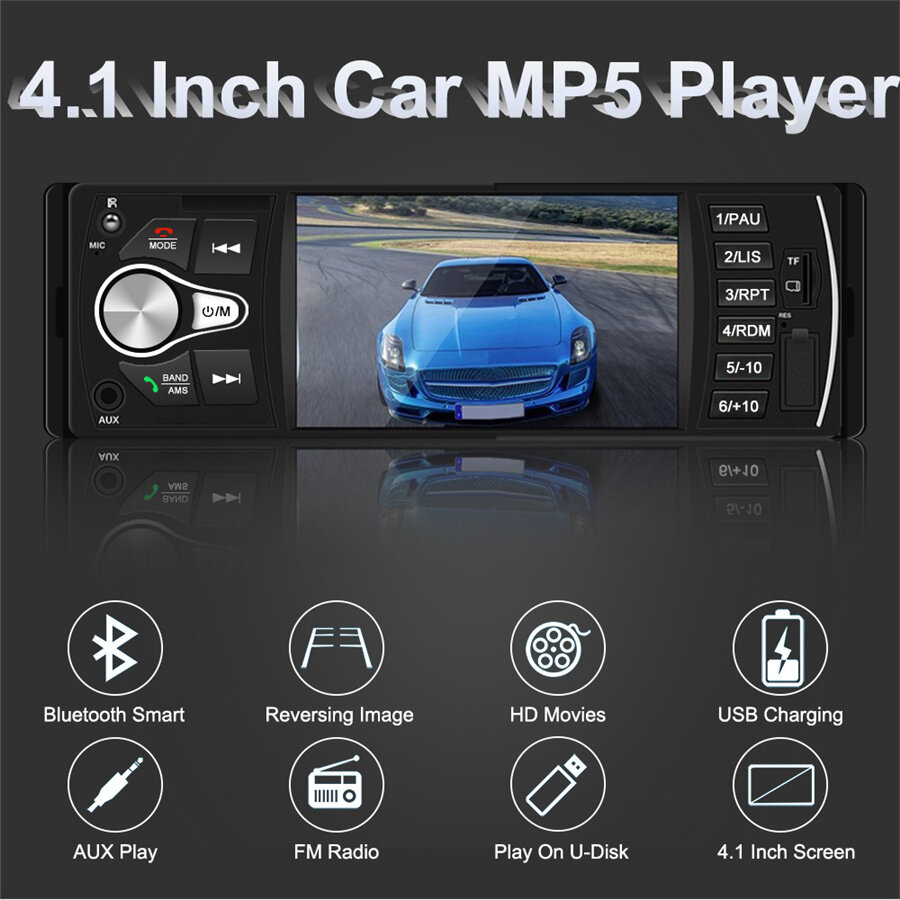 Автомобильная магнитола MP5, MP3, MP4 плеер с USB, 4.1" HD автомагнитола, FM/AUX, Bluetooth, с камерой заднего вида