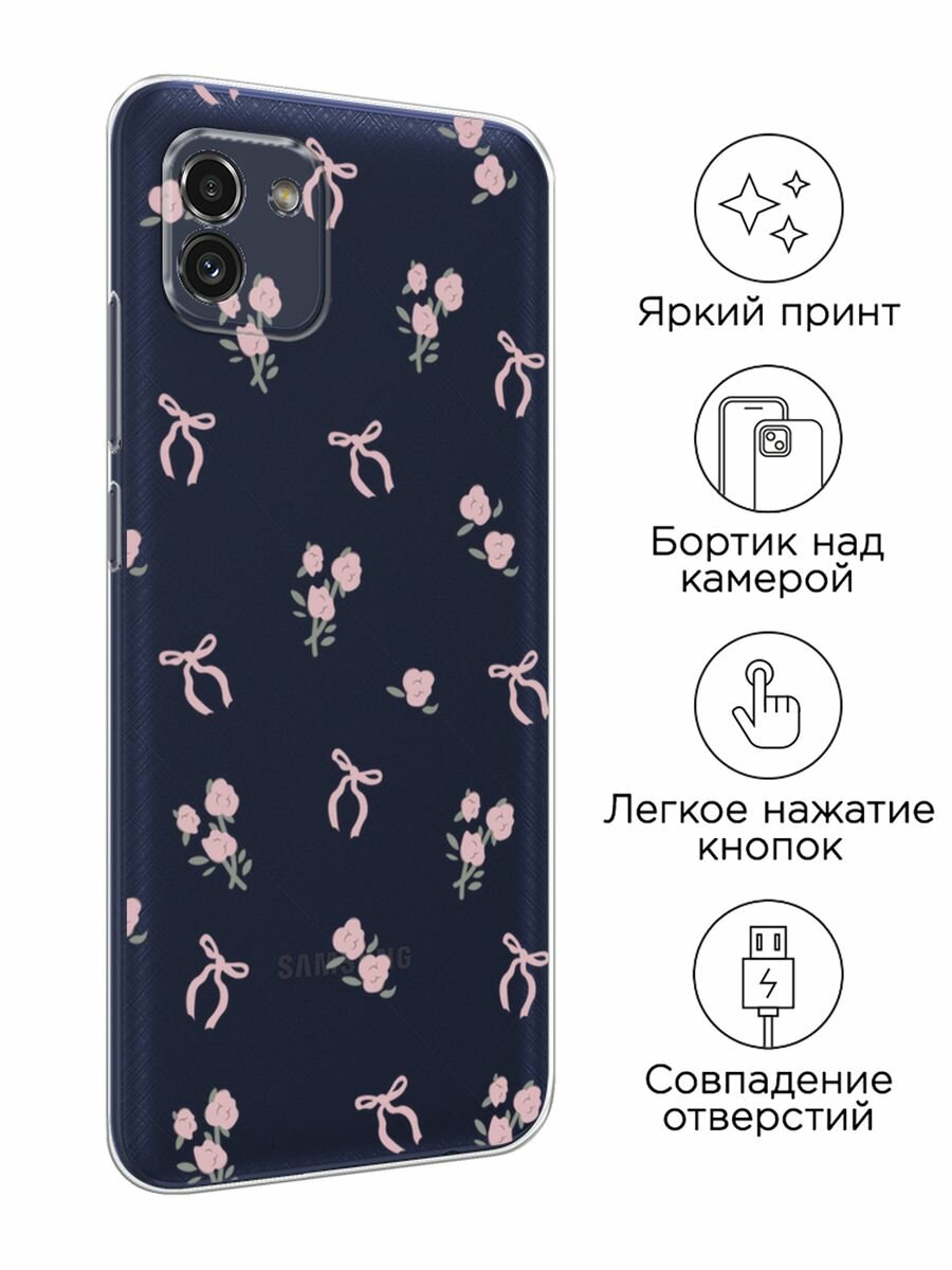 Чехол на Samsung Galaxy A03 / Самсунг Галакси А03 с принтом "Розы и ленточки", прозрачный — фото 1