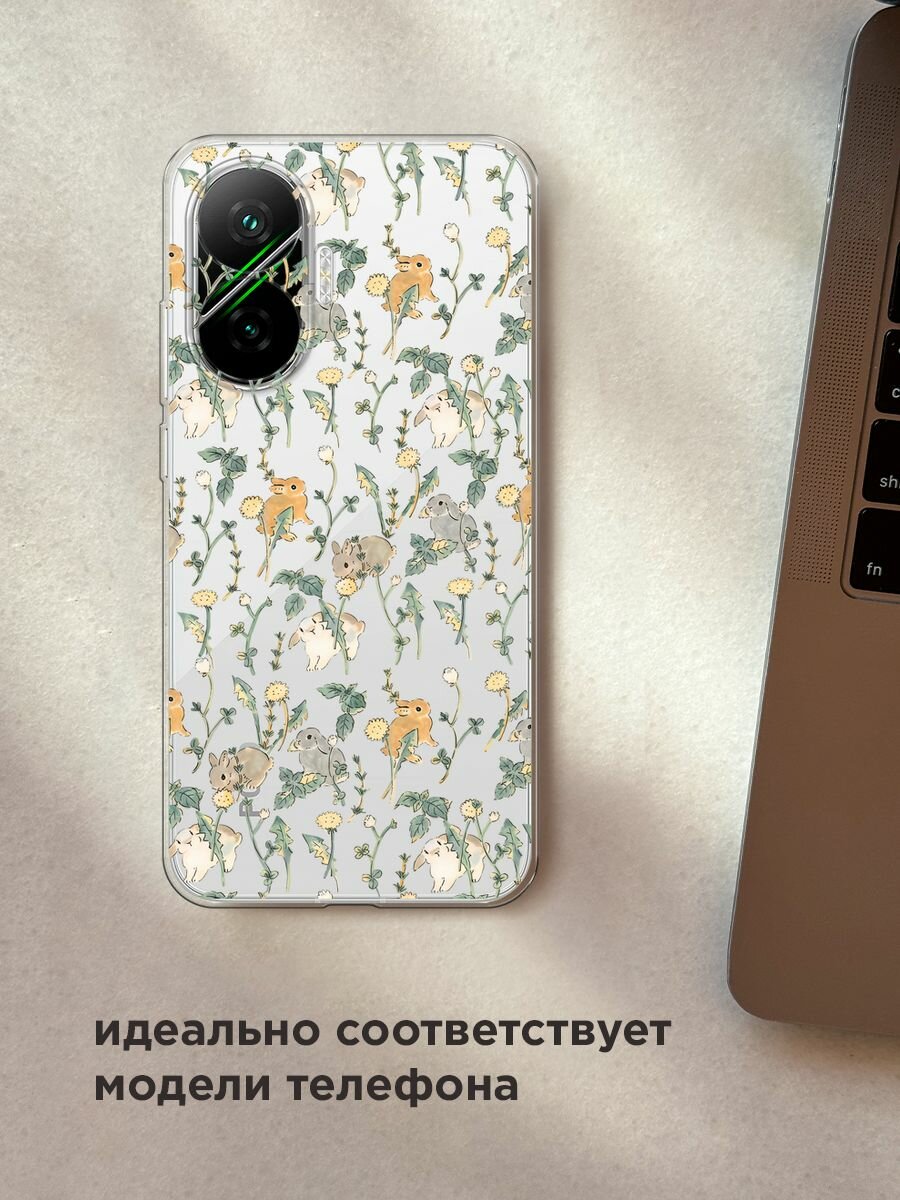 Чехол на Poco F7 / Поко F7 с принтом "Кролики в одуванчиках", прозрачный — фото 1