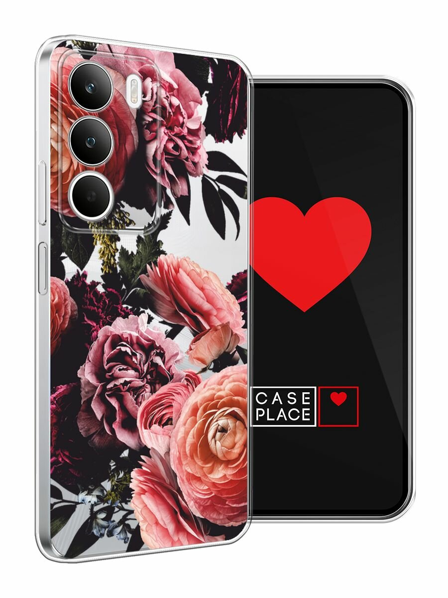 Чехол на Realme C71/P3 Lite 4G / Реалми С71/P3 Лайт 4G с принтом "Бордовые винтажные цветы", прозрачный — фото 1