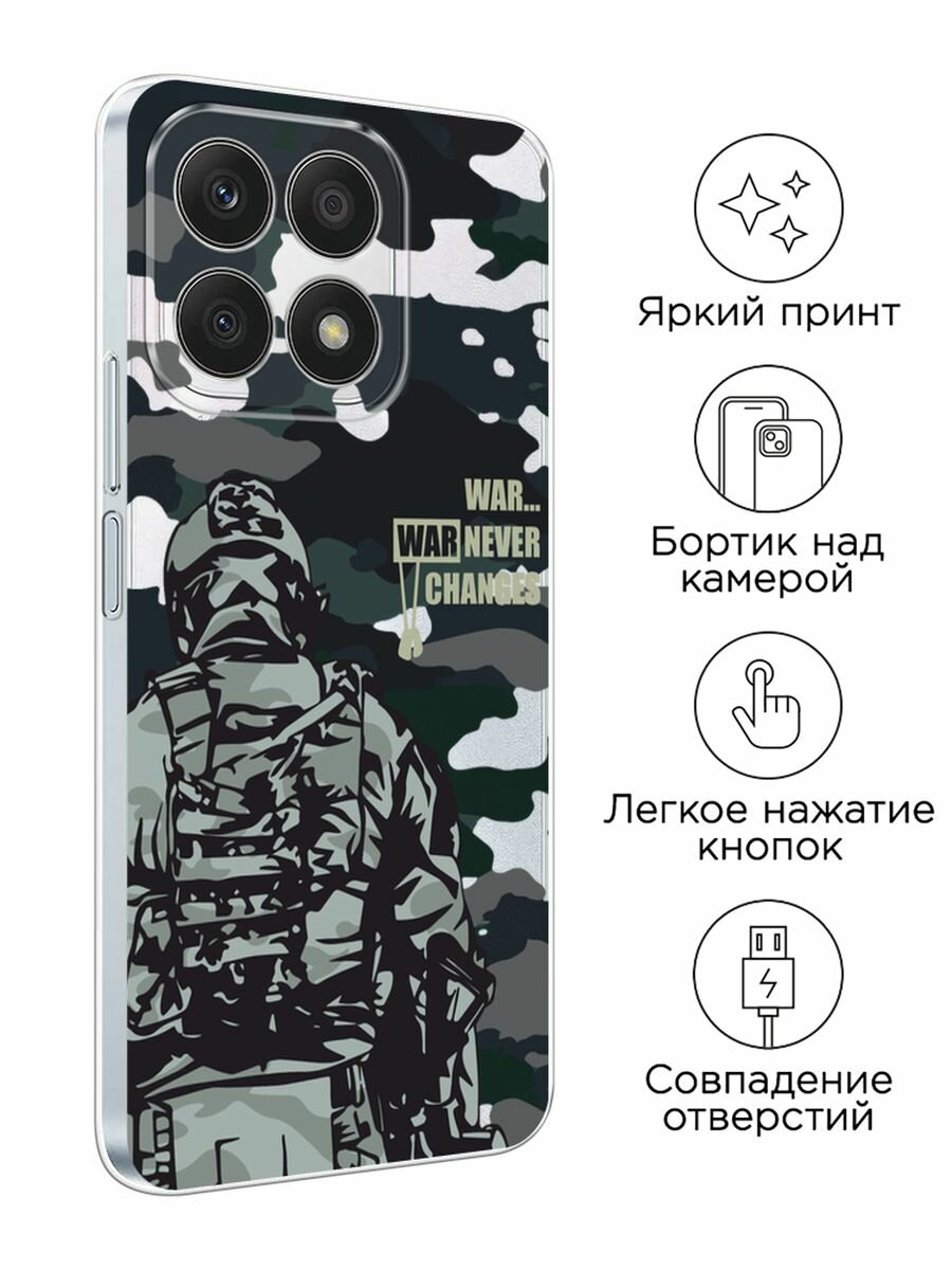 Чехол на Honor X8A / Хонор X8A с принтом "Камуфляж и солдат", прозрачный — фото 1