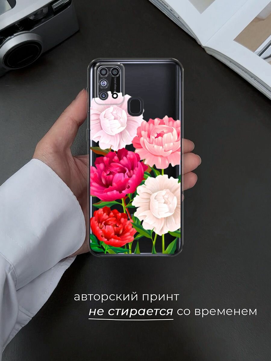 Чехол на Samsung Galaxy M31 / Самсунг Галакси М31 с принтом "Большие пионы", прозрачный — фото 1