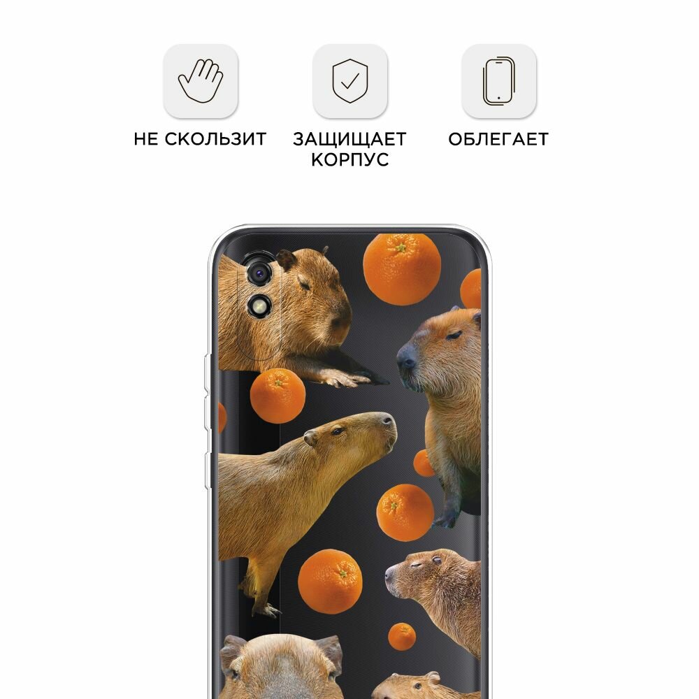 Чехол на Xiaomi Redmi 9A / Сяоми Редми 9А с принтом "Капибара и апельсины", прозрачный — фото 1