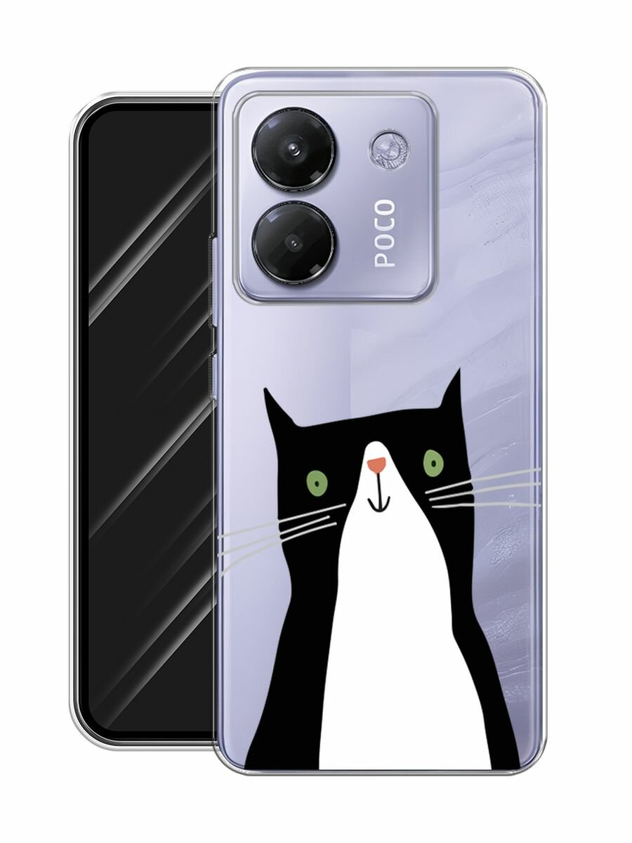 Чехол на Poco M7 Pro / Поко М7 Про с принтом черно-белый кот, прозрачный — фото 1
