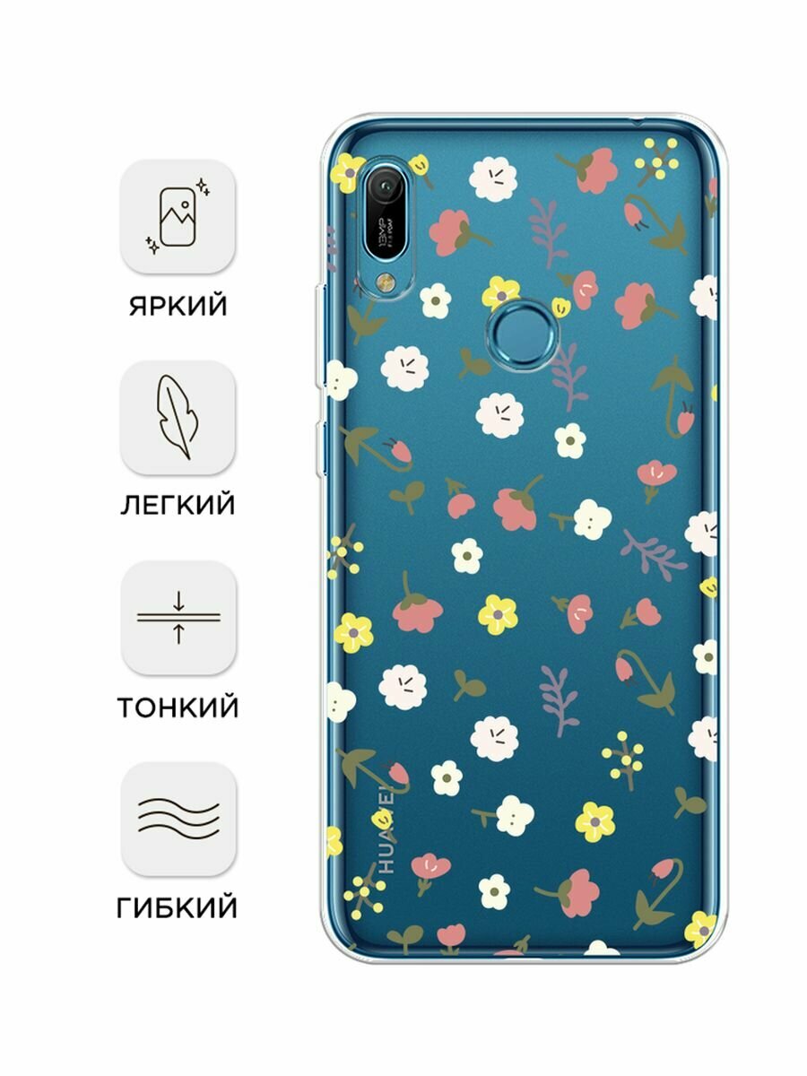 Чехол на Honor 8A/8A Pro/Huawei Y6s/Y6 2019 / Хонор 8А с принтом "Россыпь цветов рисунок", прозрачный — фото 1
