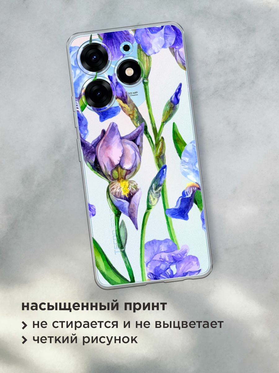 Чехол на Tecno Spark 10 Pro / Текно Спарк 10 Про с принтом "Синие ирисы", прозрачный — фото 1