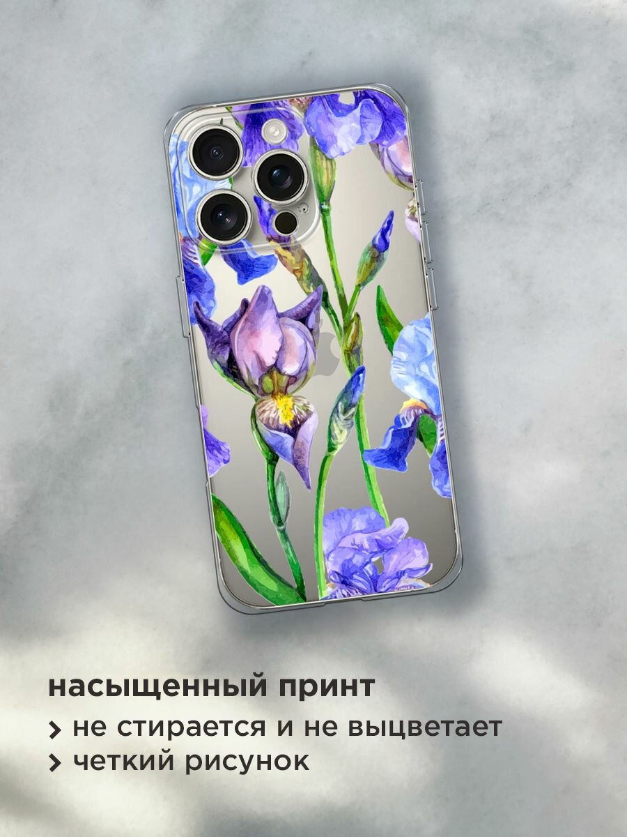Чехол на Apple iPhone 16 Pro / Айфон 16 Про с принтом "Синие ирисы", прозрачный — фото 1