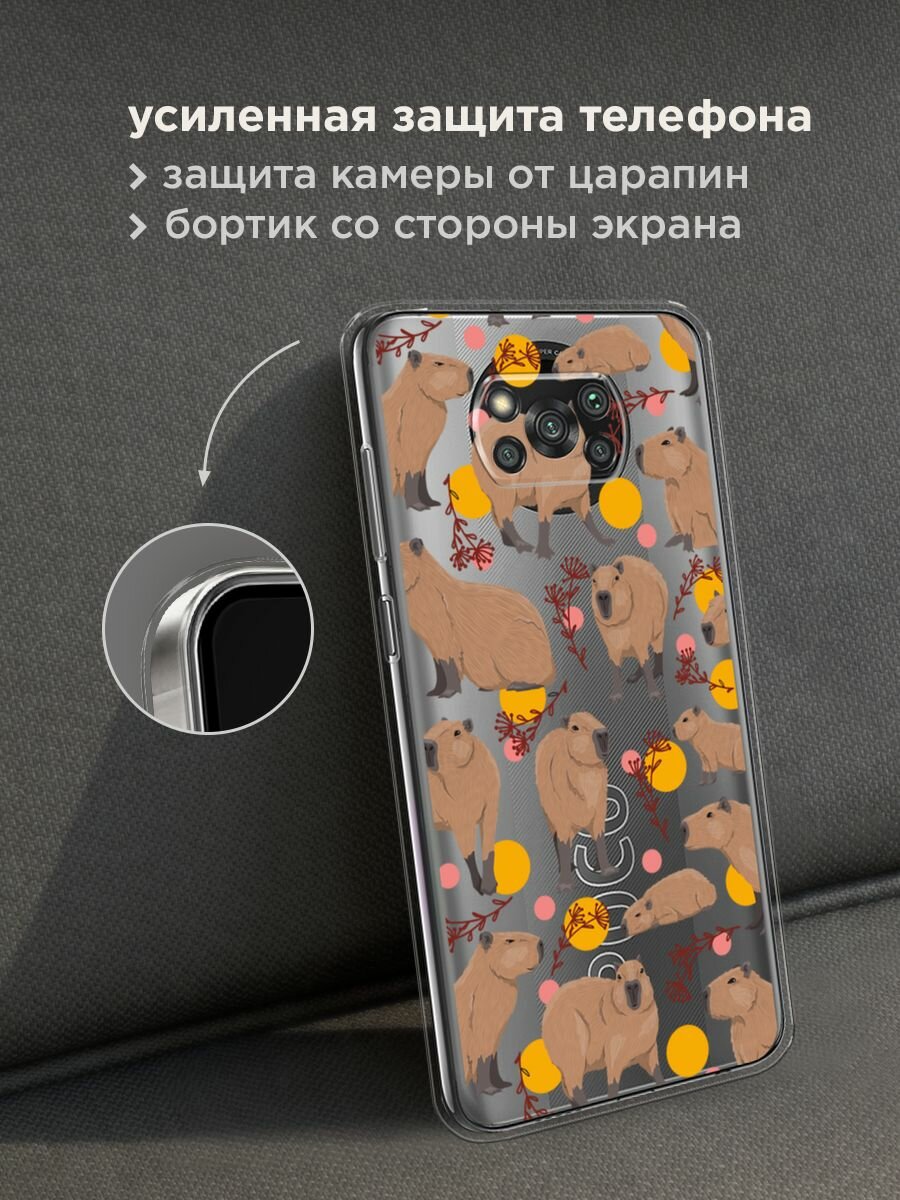 Чехол на Xiaomi Poco X3/X3 Pro / Поко X3/X3 Pro с принтом "Капибара паттерн", прозрачный — фото 1
