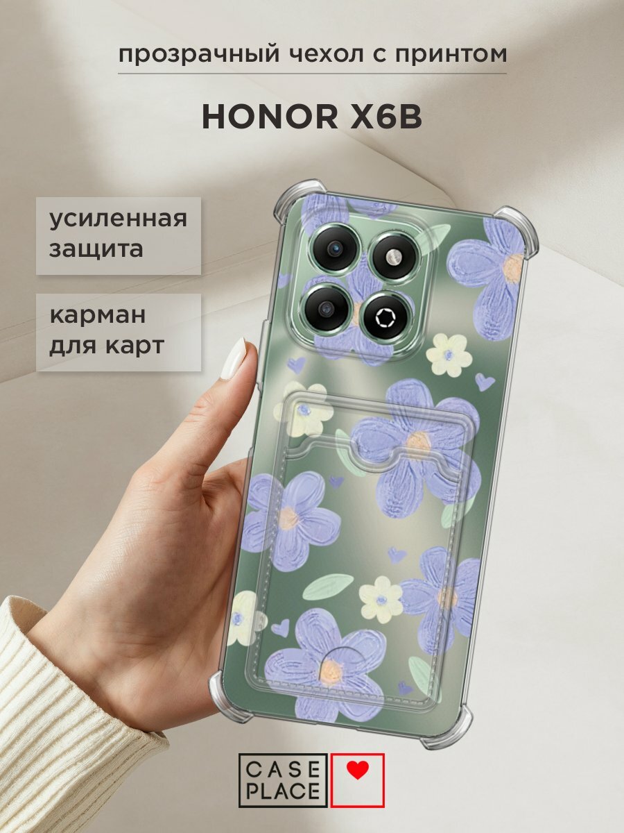 Чехол на Honor X6b (Хонор X6b) с картой и принтом "Синие цветочки рисунок"